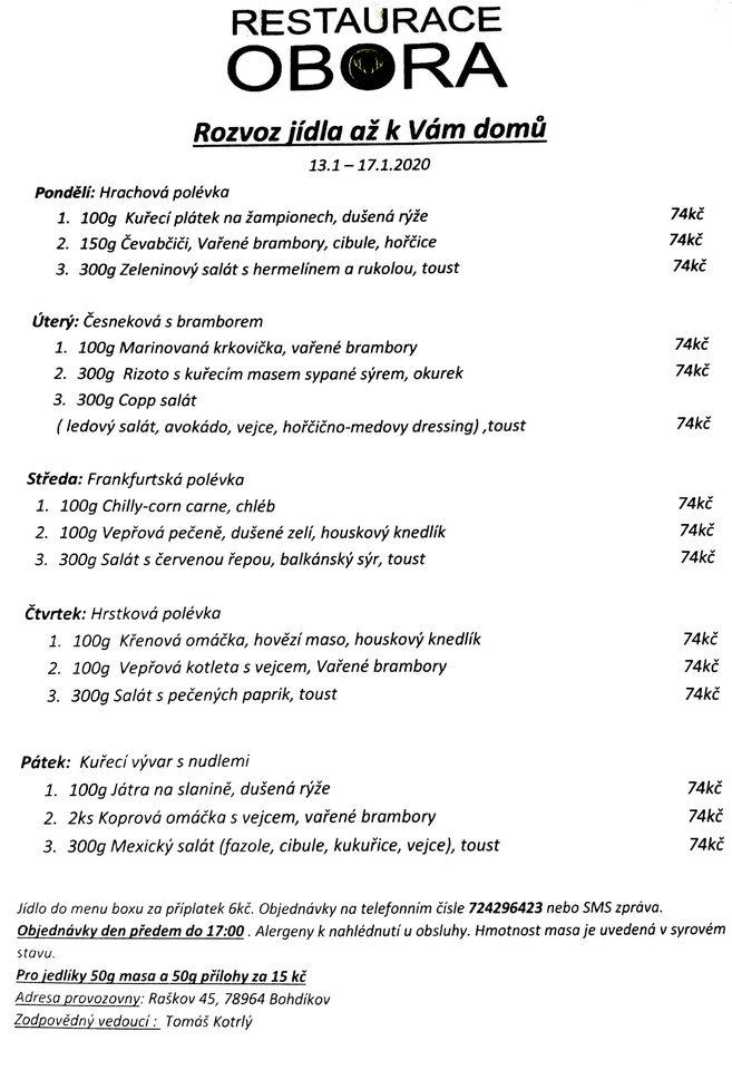 Menu at Restaurace Obora restaurant, Bohdíkov