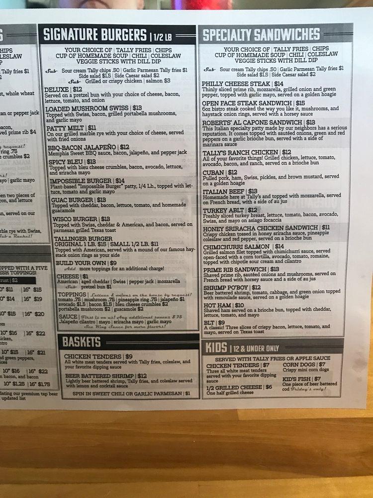 Menu at Tally's Tap & Eatery restaurant, Waukesha
