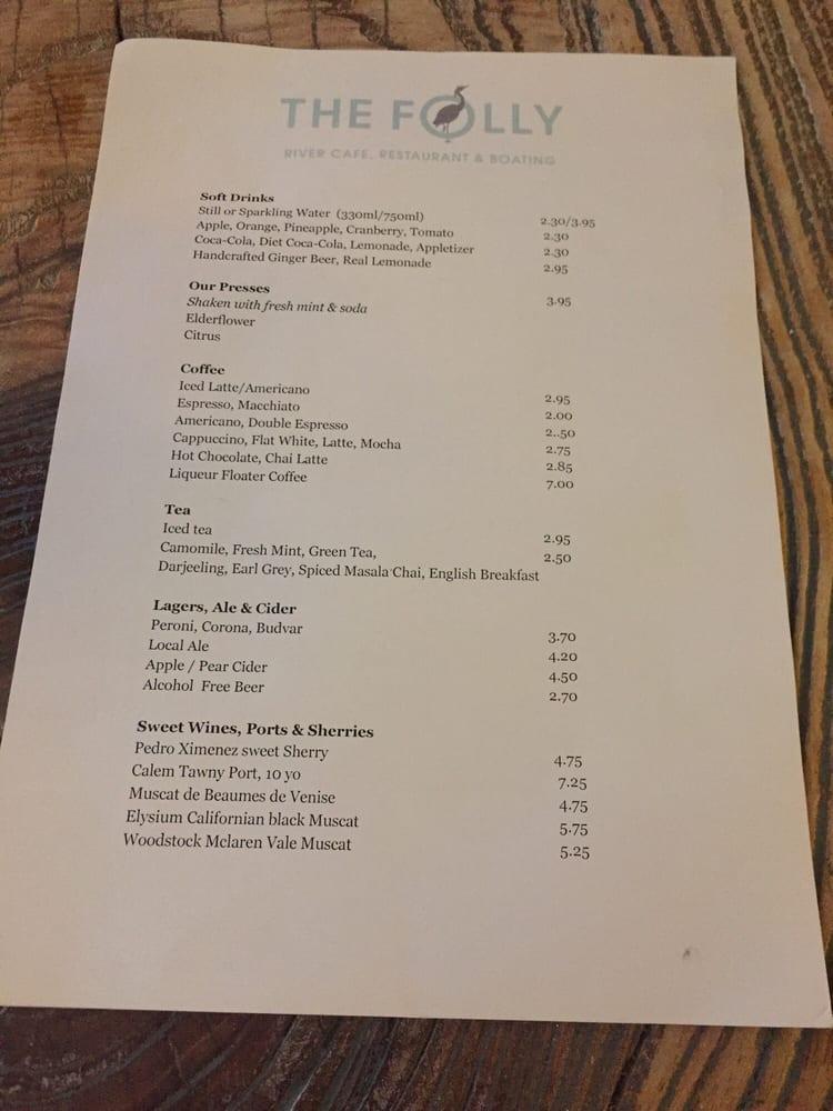 Menu at The Folly Restaurant, Oxford