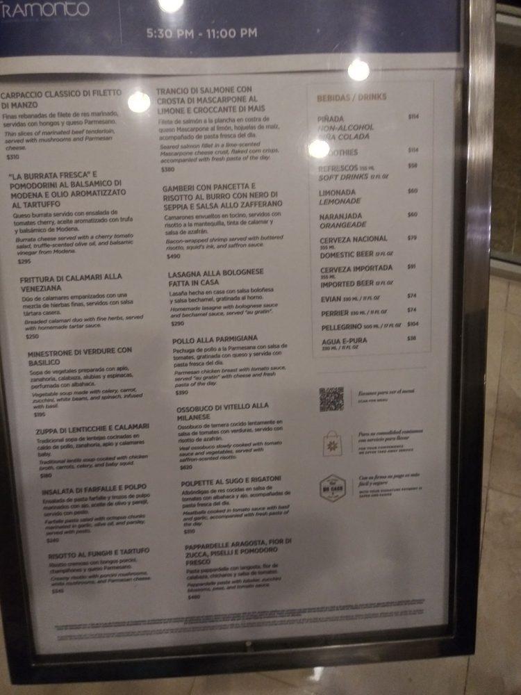 Menu at Tramonto steakhouse, Nuevo Vallarta