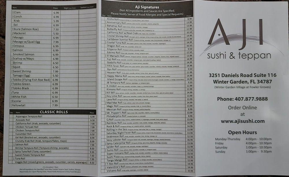 Carta del restaurante Aji Sushi Teppan, Winter Garden