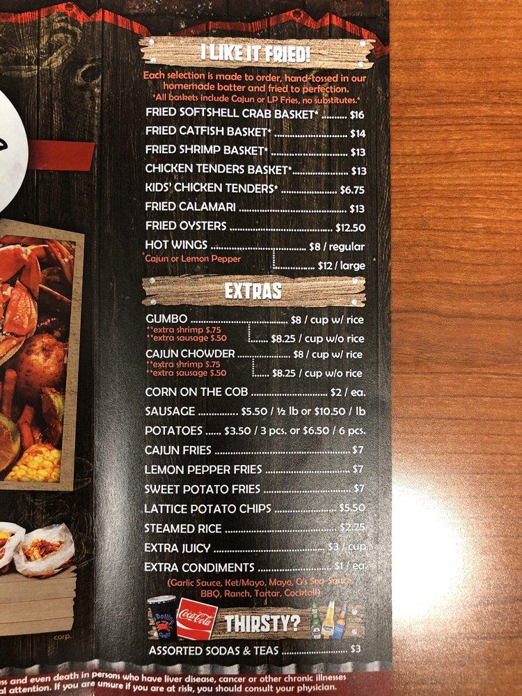 Menu at The Boiling Crab restaurant, Honolulu