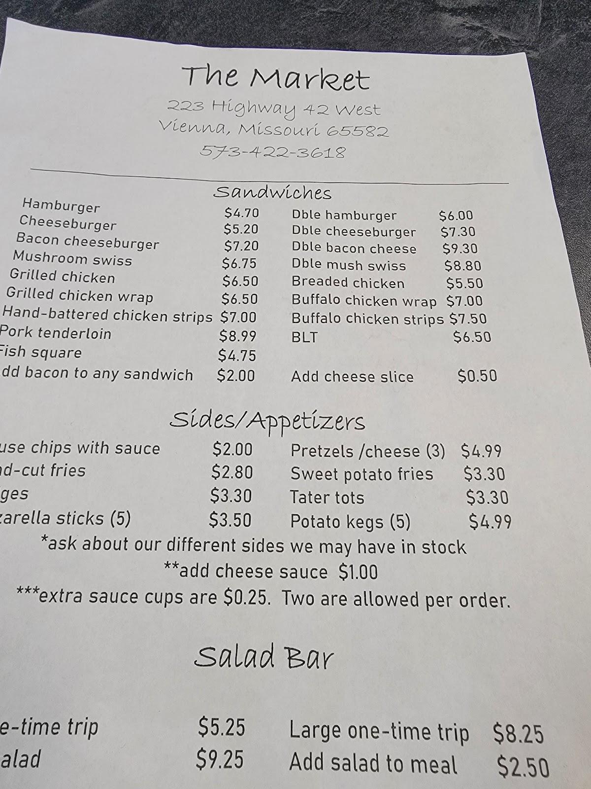 Menu at The Market restaurant, Vienna