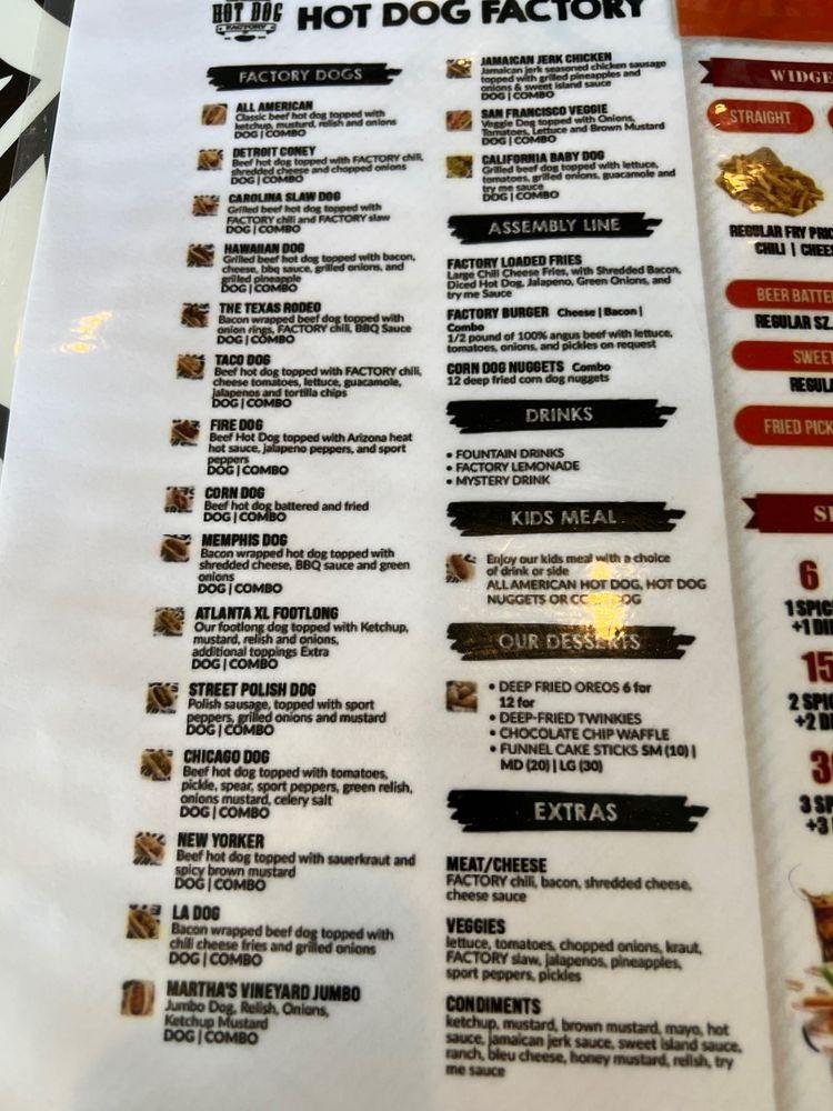 Menu at The Original Hot Dog Factory, Woodstock