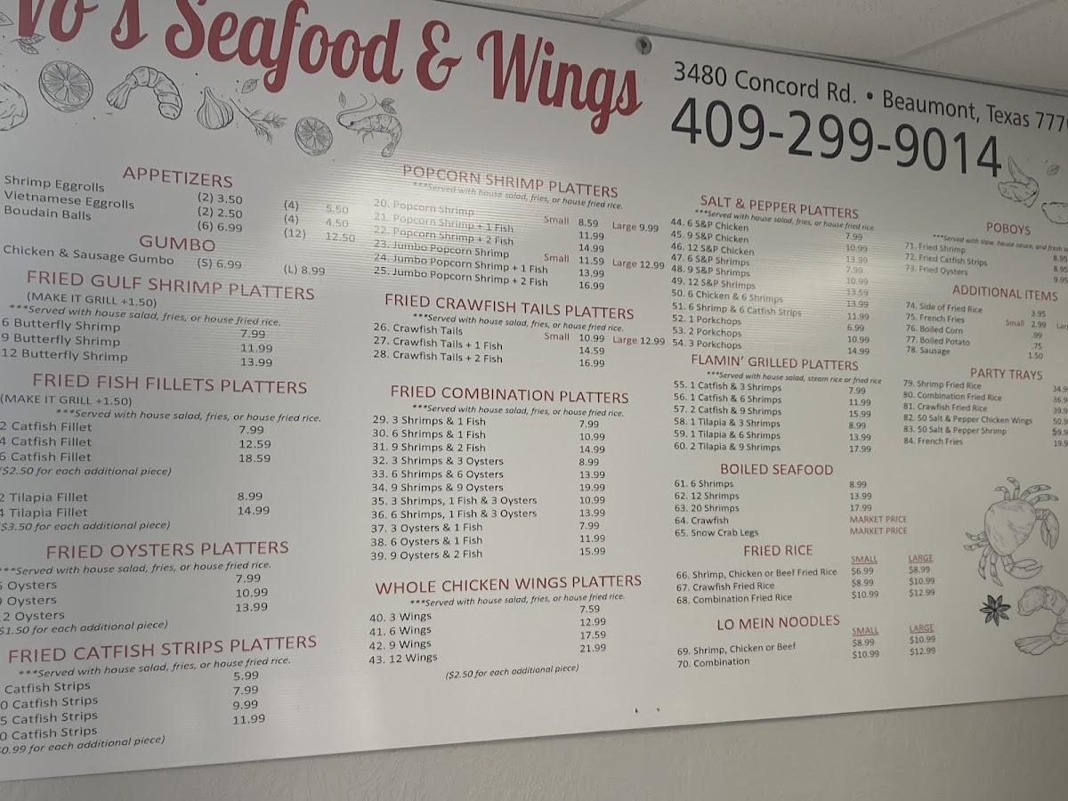 Menu at Vo's Seafood & Wings restaurant, Beaumont