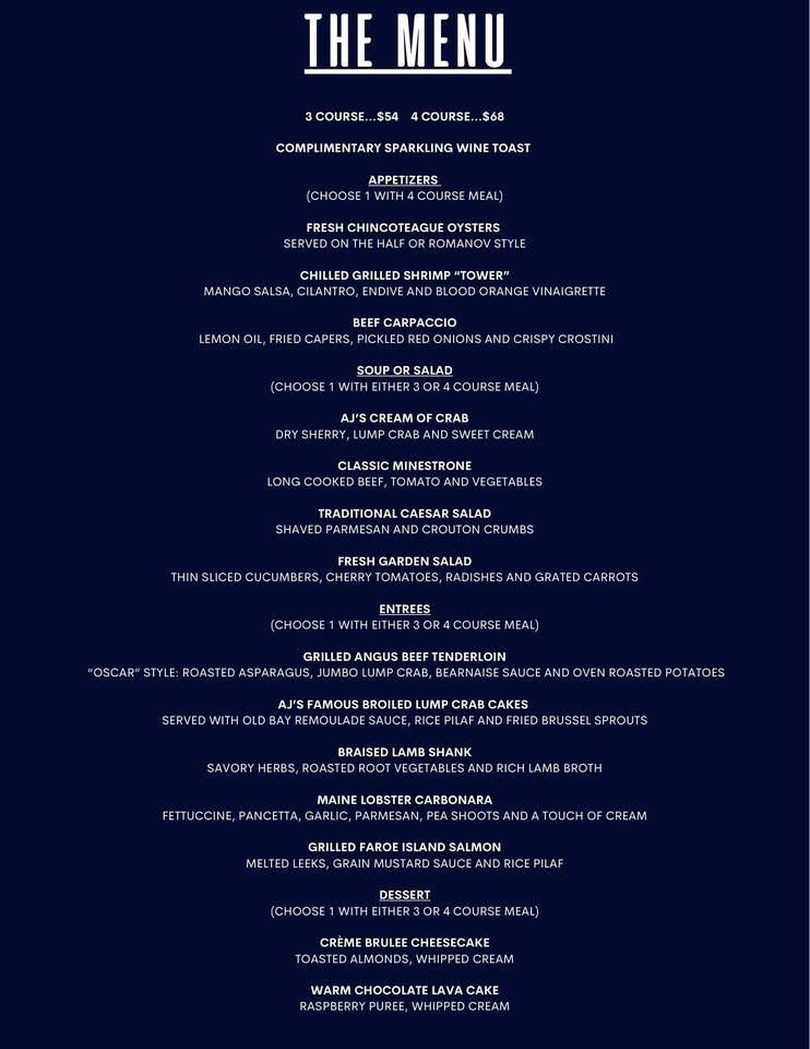 Menu at AJ's on the Creek steakhouse, Chincoteague Island