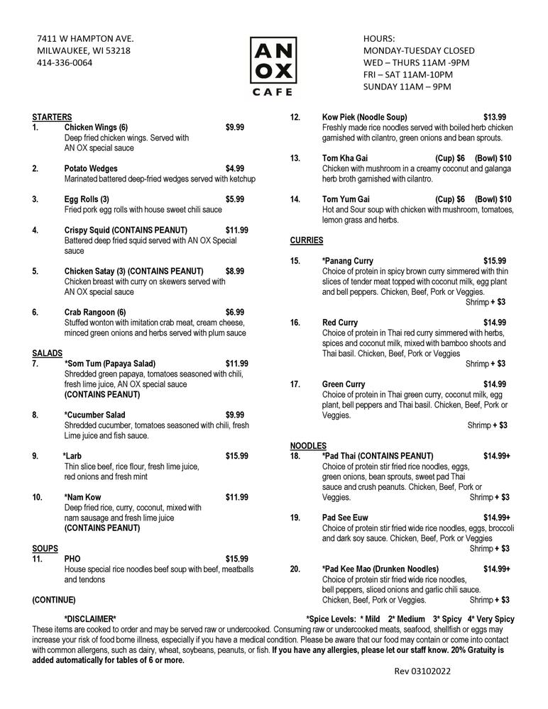 Menu at AN OX CAFE, Milwaukee
