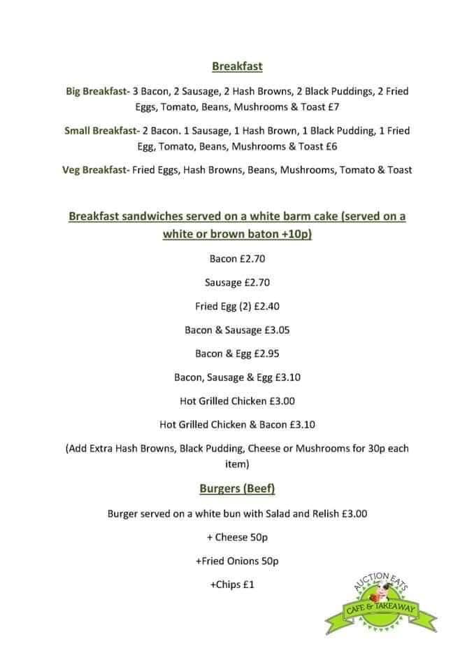Menu at Auction Eats cafe, Garstang, Garstang Rd