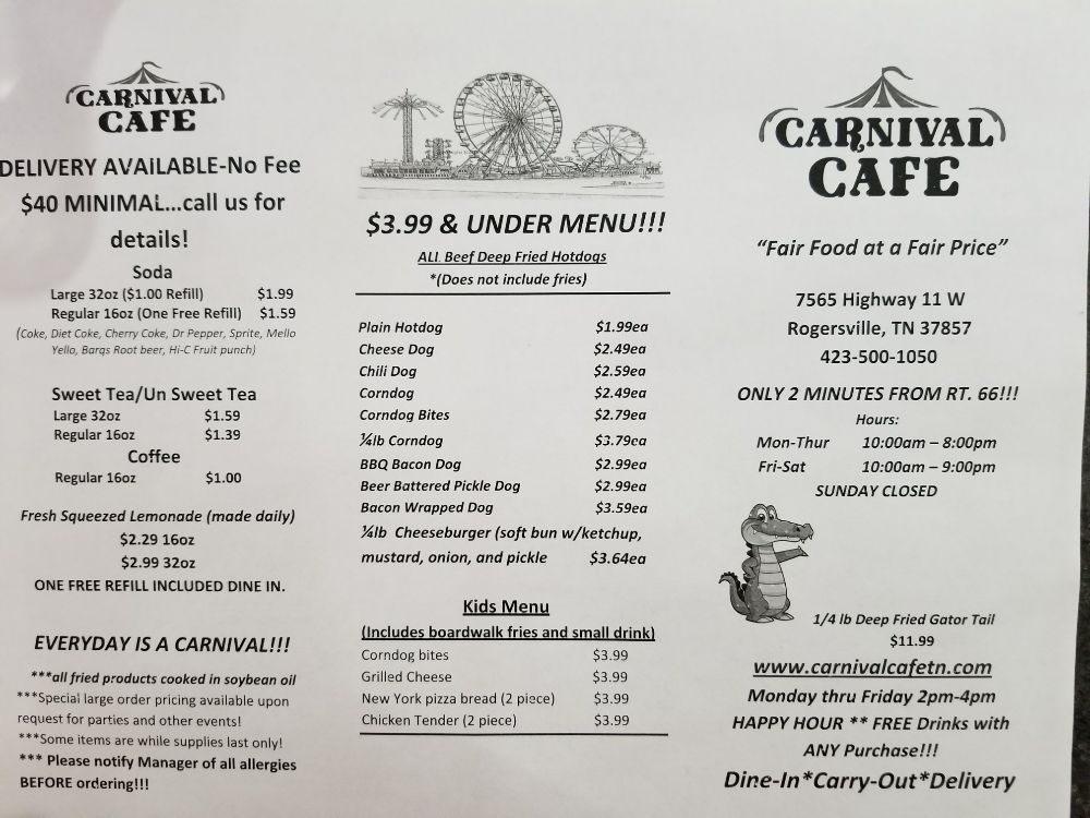 Menu at Carnival Cafe, Rogersville