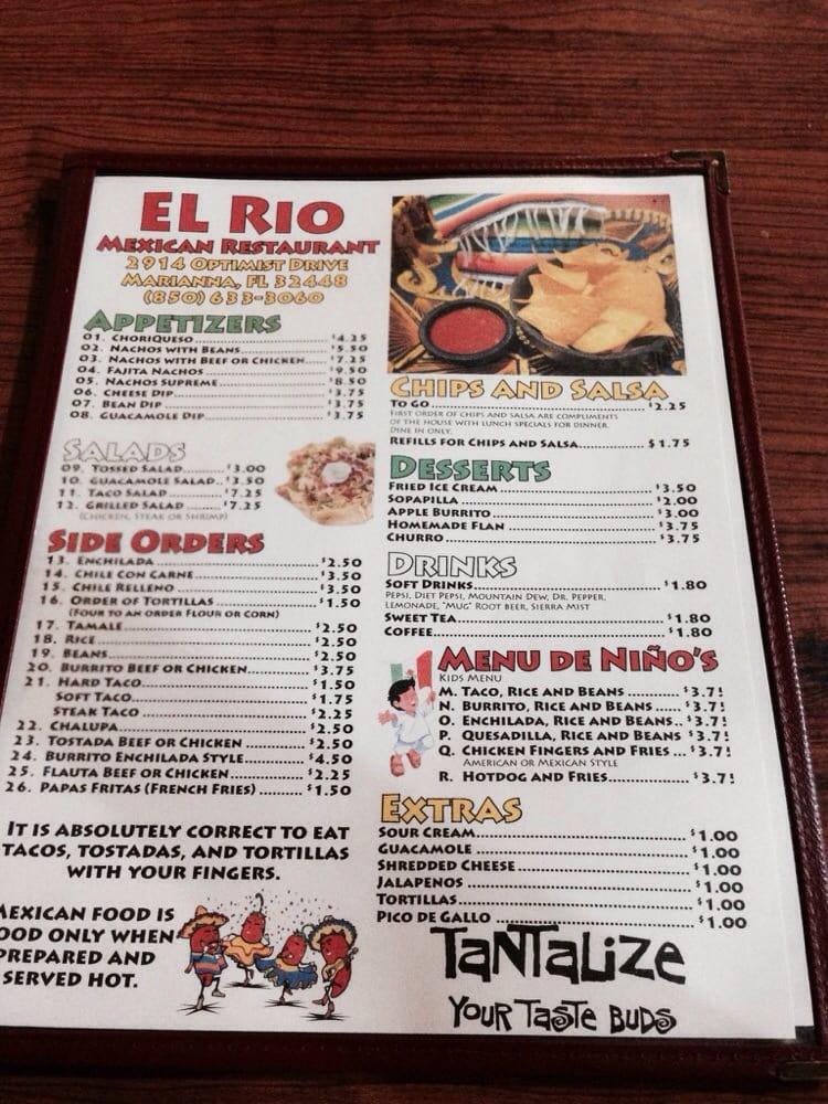 Menu at El Rio Mexican Restaurant’s, Marianna, Optimist Dr