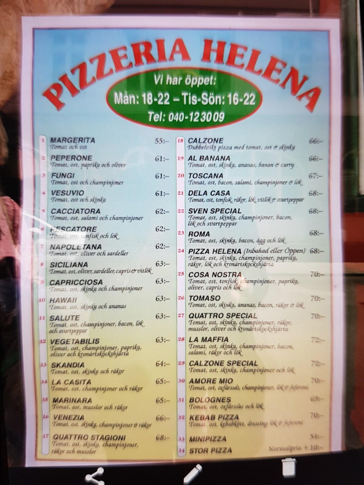 Menu at Helena pizzeria, Malmö, Henrik Smithsgatan 2