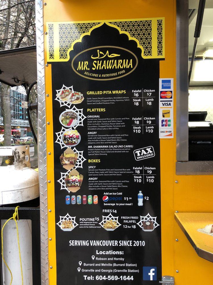 Menu at Mr. Shawarma restaurant, Vancouver, Melville St