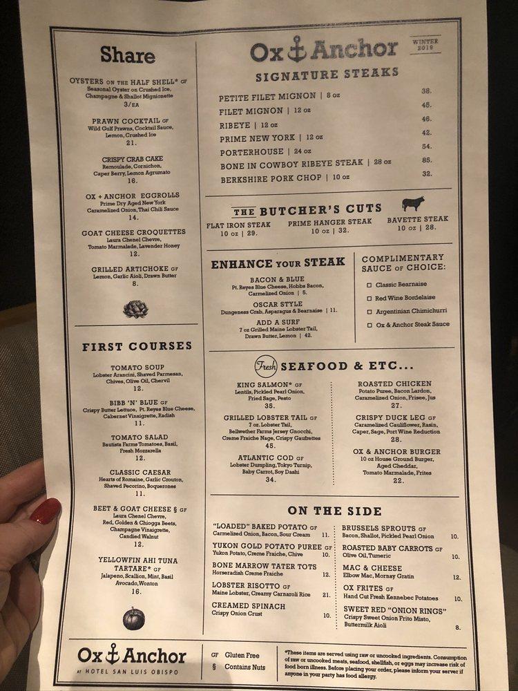 Menu at Ox and Anchor steakhouse, San Luis Obispo