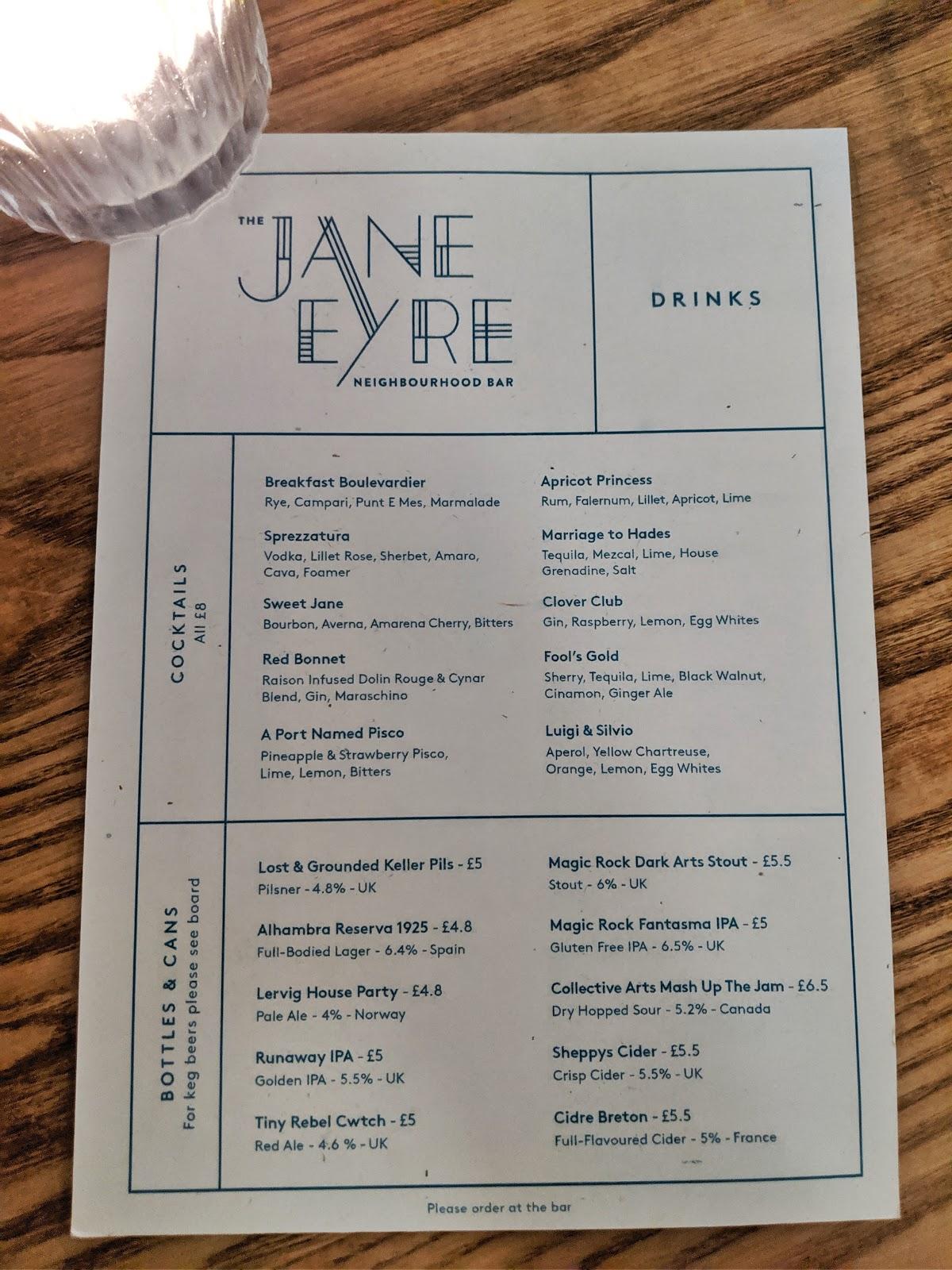Menu at The Jane Eyre pub & bar, Manchester