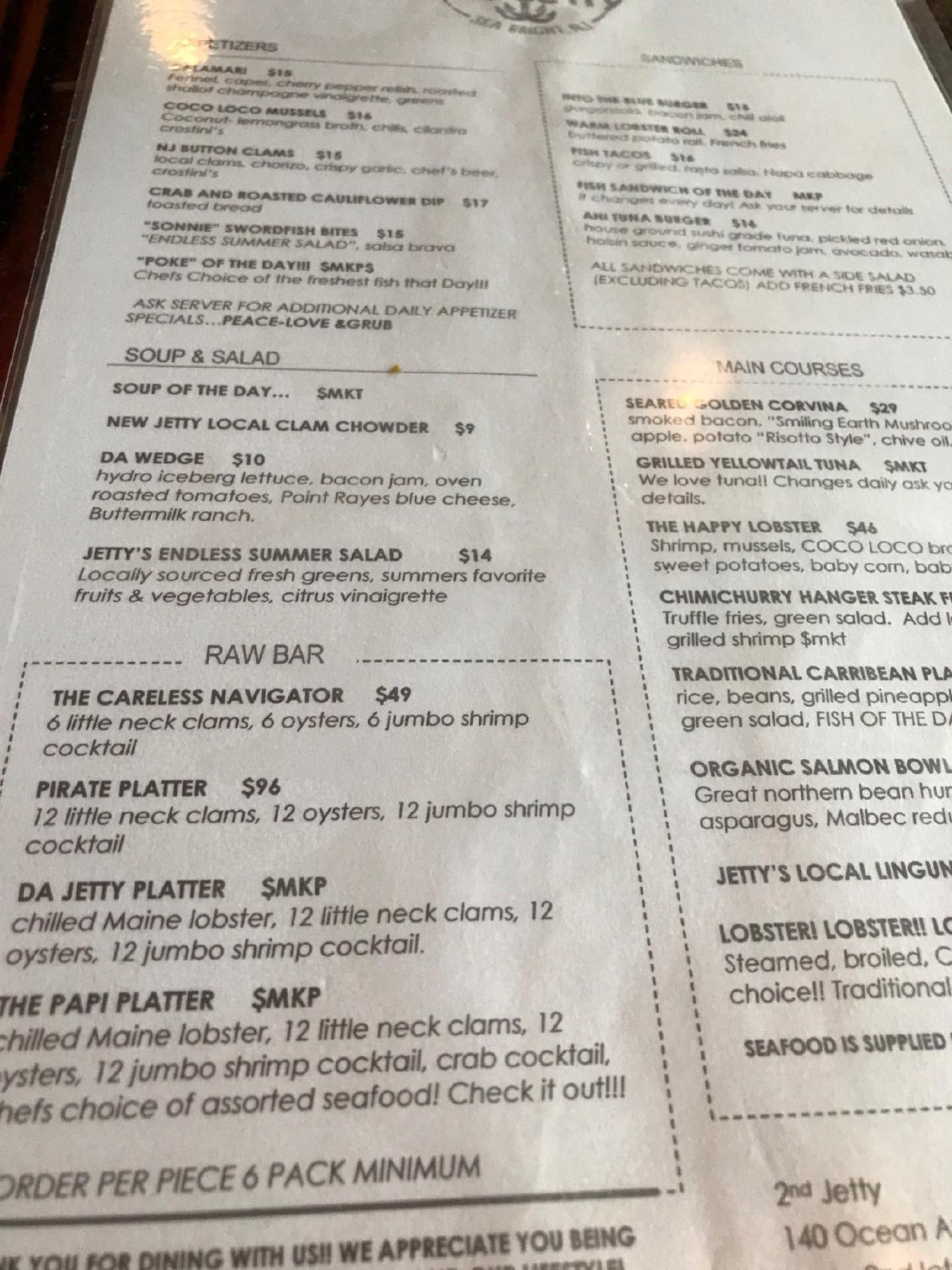 Menu at 2nd Jetty Seafood restaurant, Sea Bright