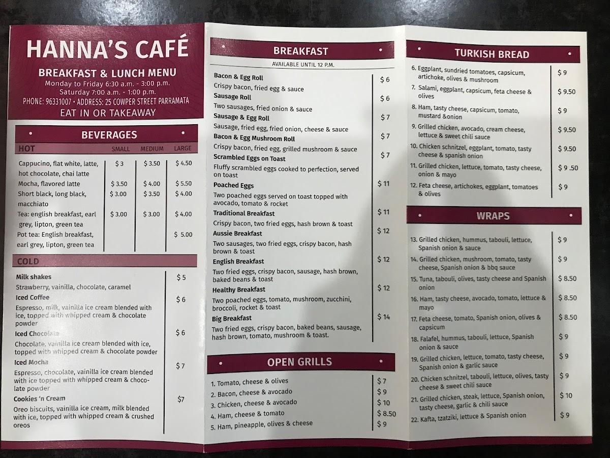 Menu at Hannas Cafe, Parramatta