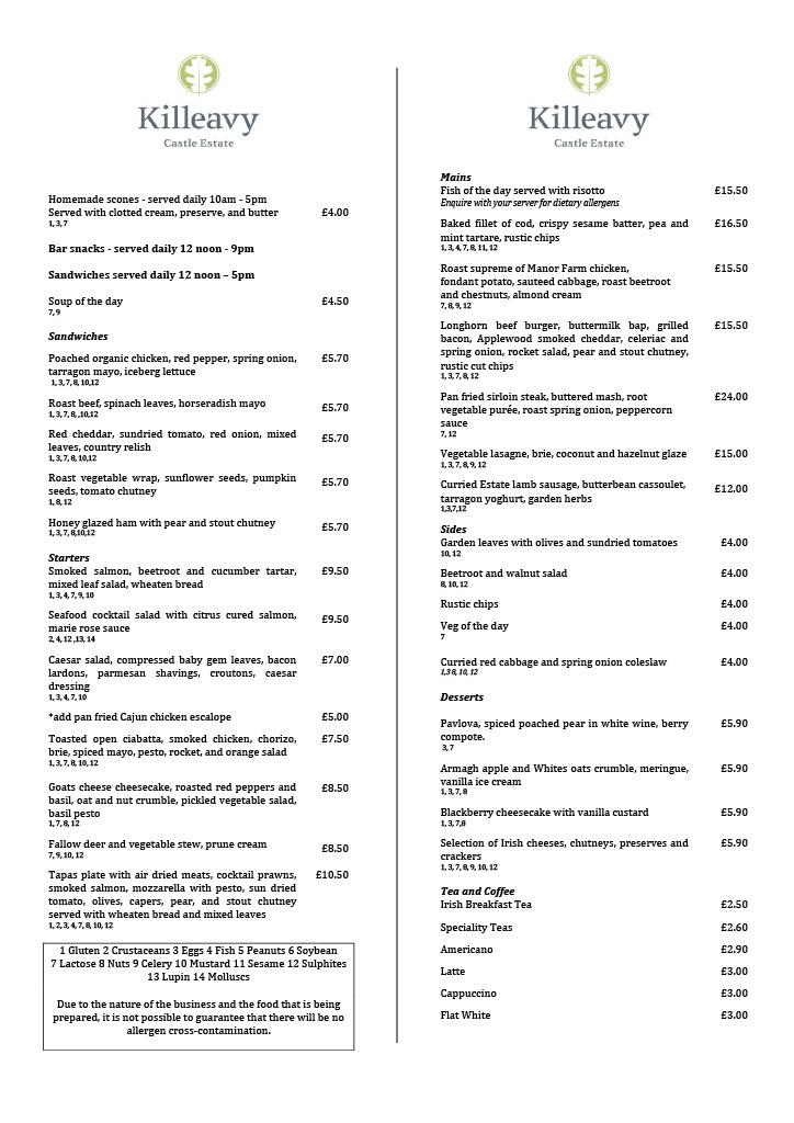 Carta del restaurante Killeavy Castle Estate, Reino Unido