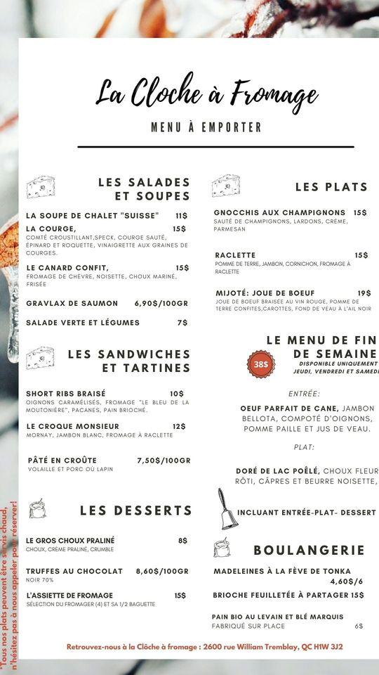 Menu at La cloche à fromage restaurant, Montreal