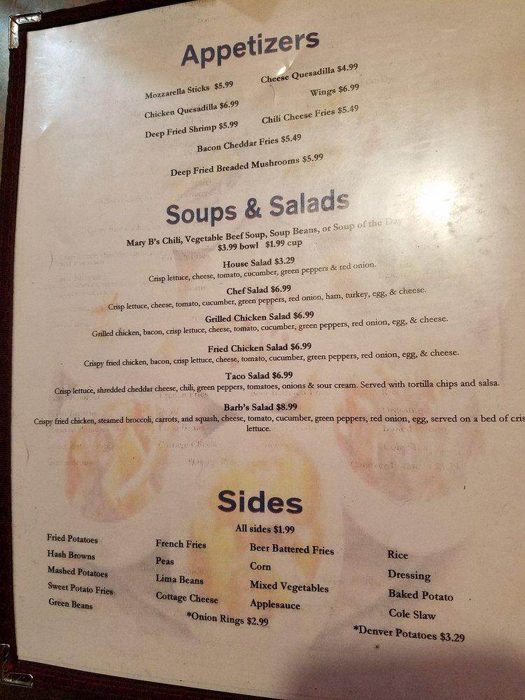 Menu at Mary B's Diner restaurant, Parkersburg