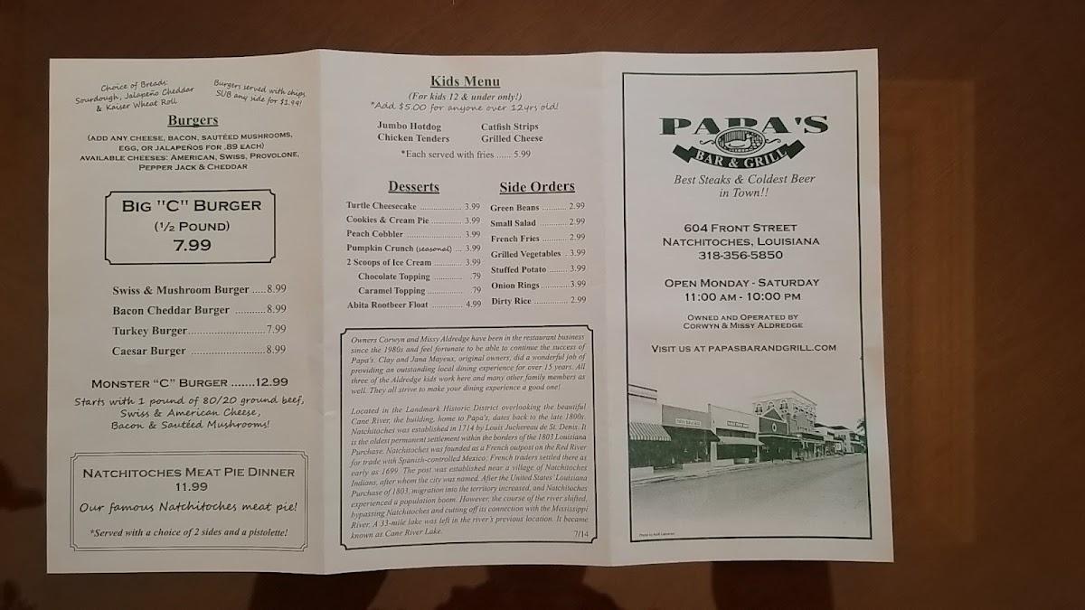 Menu at Papa's Bar & Grill, Natchitoches