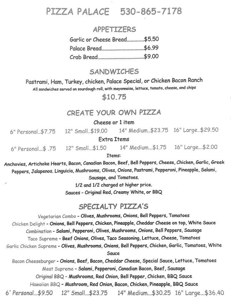 Menu at Pizza Palace pizzeria, Orland
