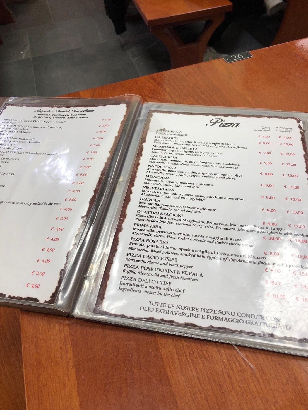 Menu at Pizzeria da Franco, Sorrento, Corso Italia
