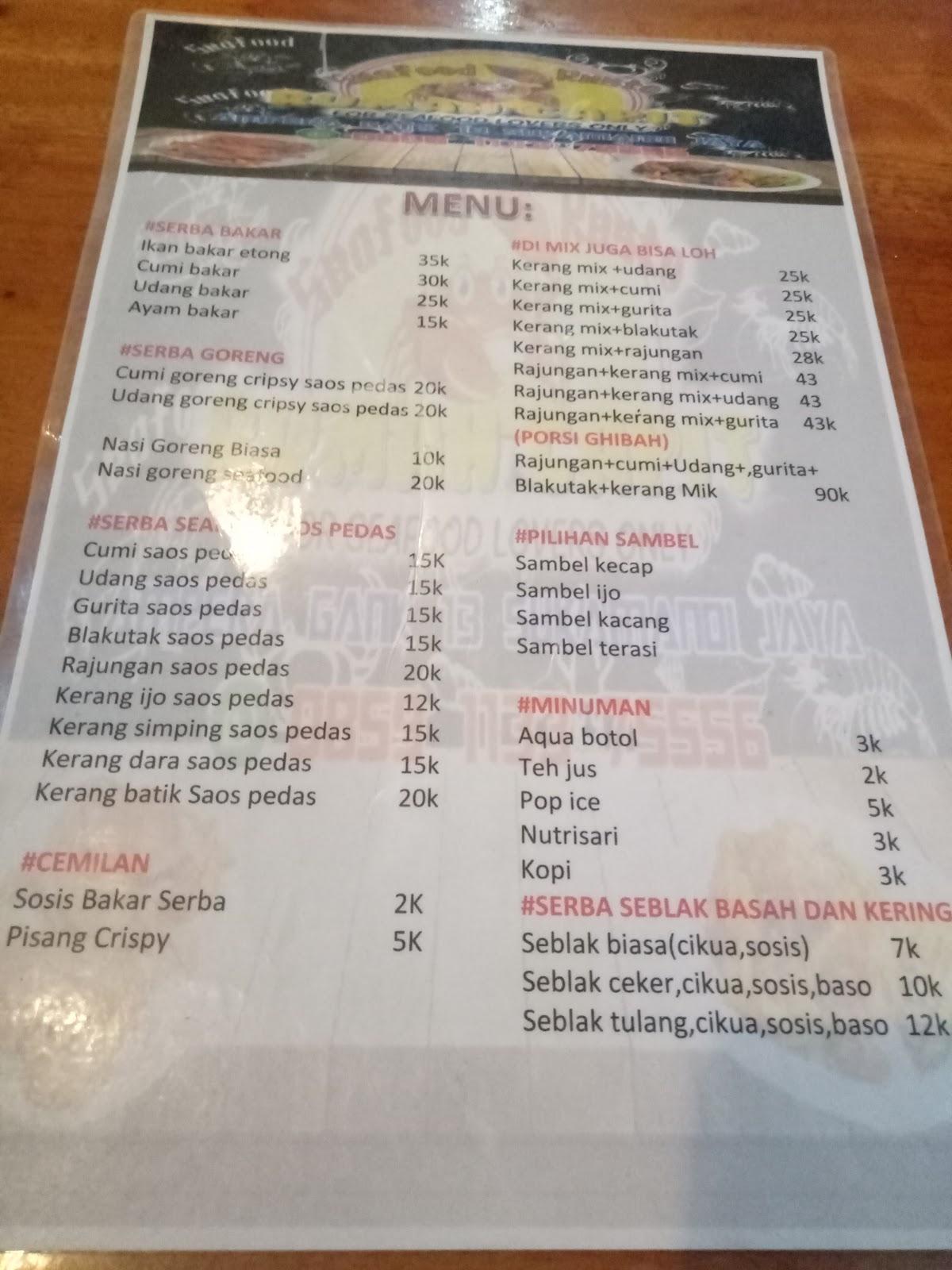 Carta del restaurante Resto seafood rumah capit, Ciasem Girang