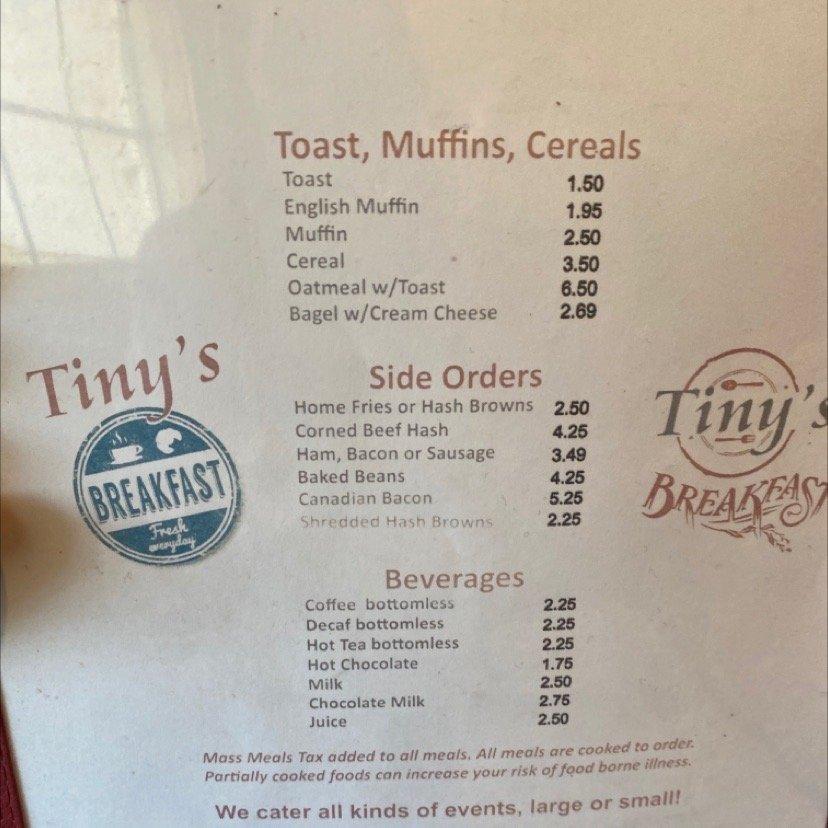 Menu at Tiny's restaurant, Ayer