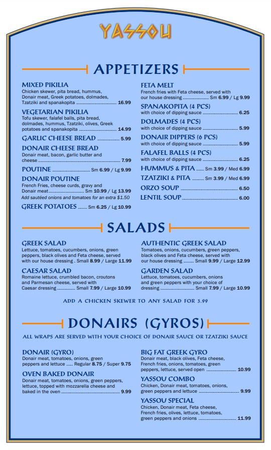 Menu at Yassou Souvlaki & Donair fast food, Fredericton