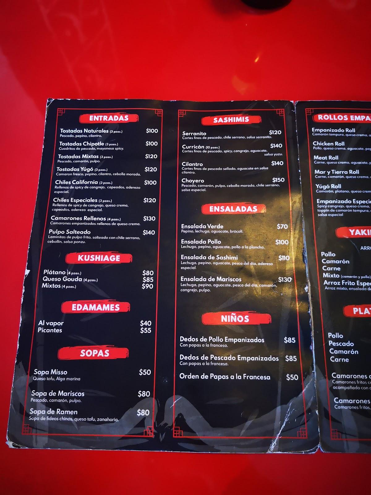 Menu at Yugo Sushi restaurant, Cabo San Lucas