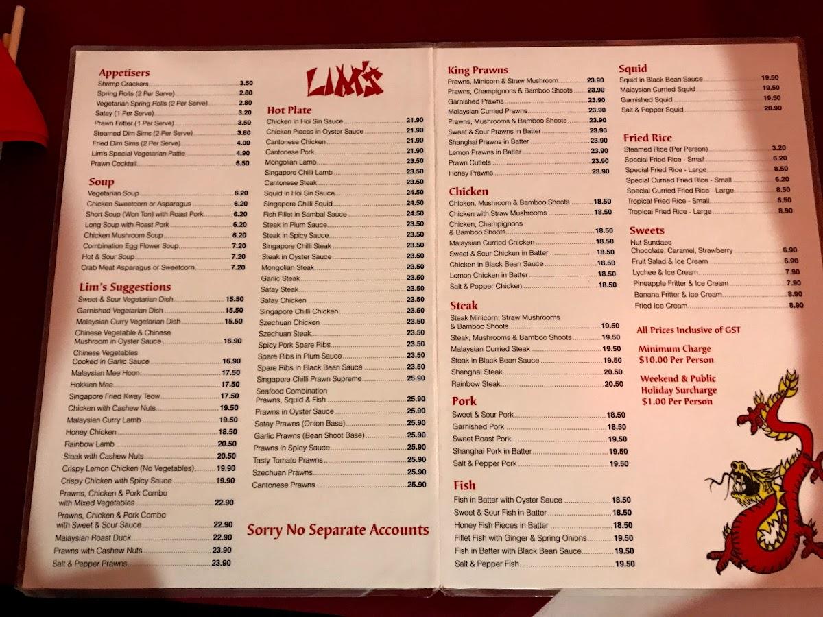 Menu at LIM'S Chinese Restaurant Glenelg, Glenelg