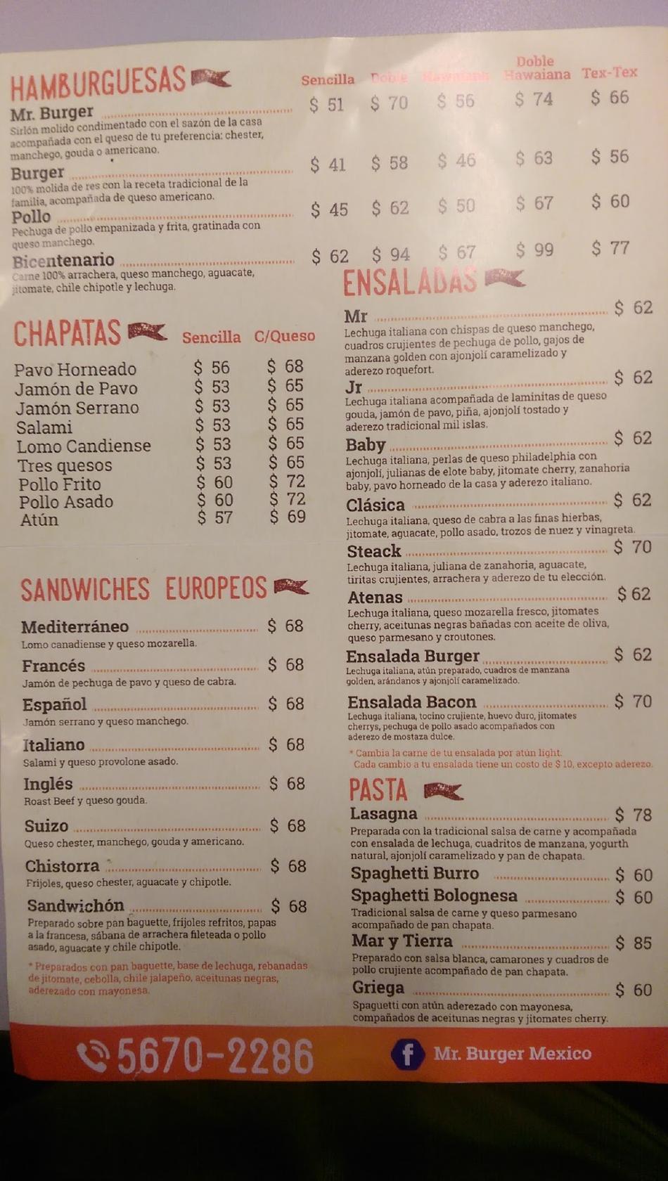 Carta del restaurante Mr Burger, Ciudad del México, Osa Menor 66