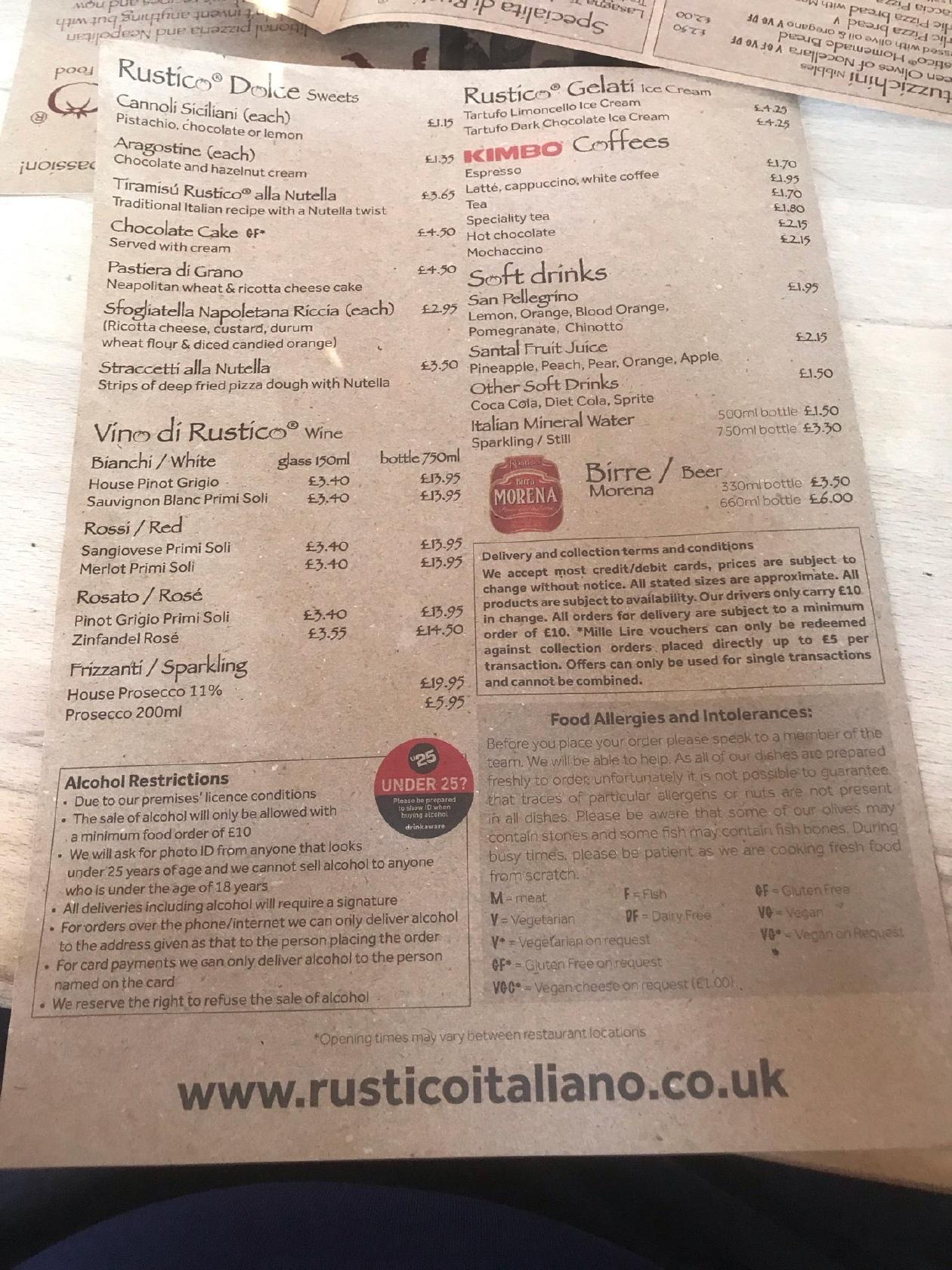 Menu at Rustico Neapolitan (Brighton) restaurant, Brighton