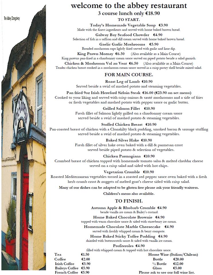 Menu at The Abbey Restaurant Knockdoe, Ireland, Lydon's of