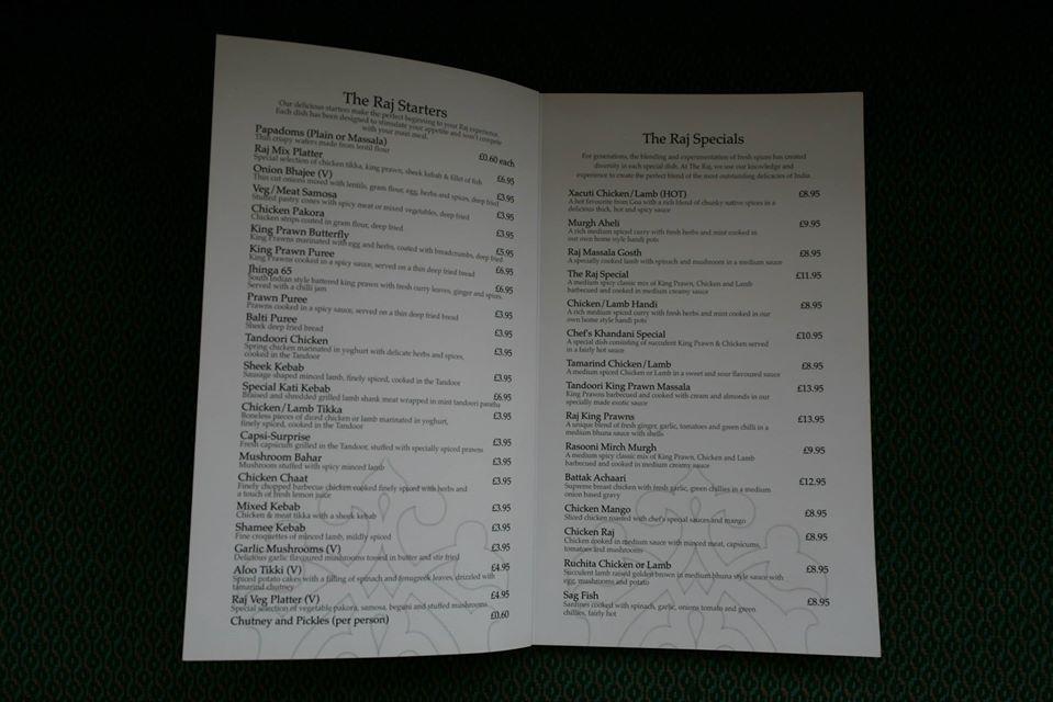 Menu at The Raj restaurant, Loddon