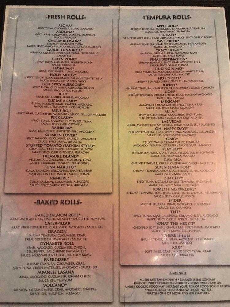 Menu at ARI Sushi restaurant, Cave Creek