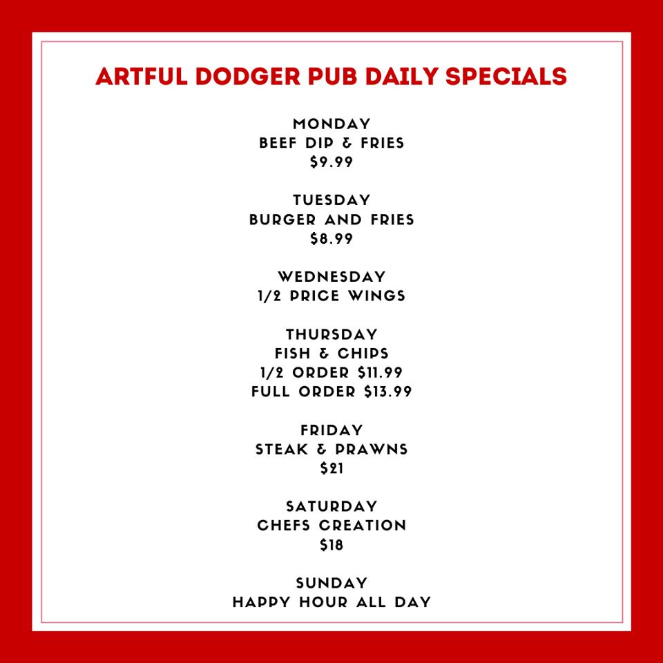 Menu at Artful Dodger Pub, Langley Township