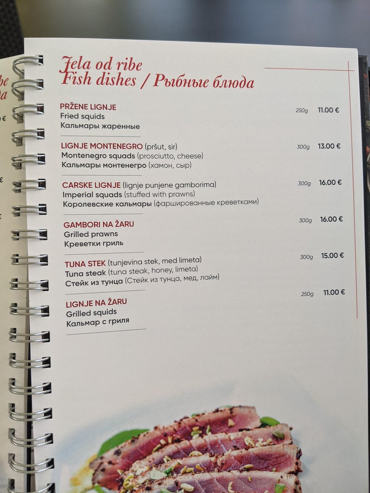 Menu at Caffe del Mare restaurant, Dobrota