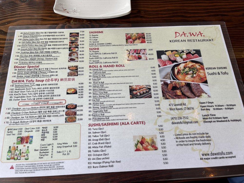Carta de DAWA Korean Restaurant, West Haven