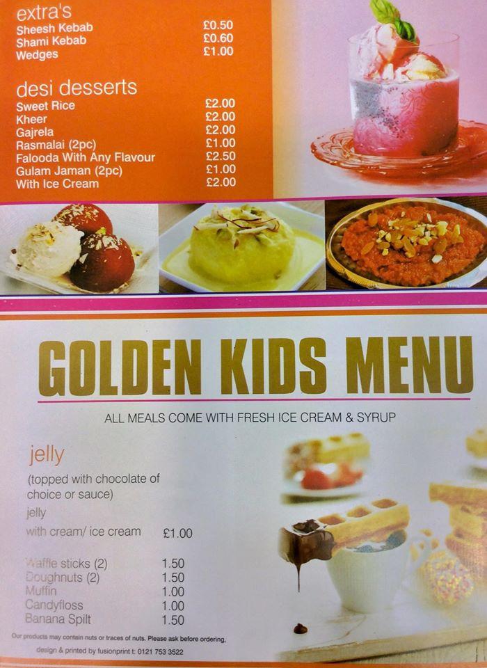 Menu at Golden Desserts, Birmingham