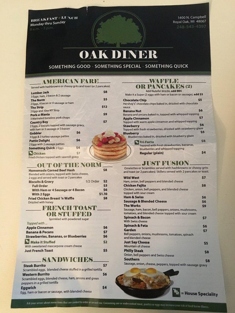 Menu at Oak Diner restaurant, Royal Oak