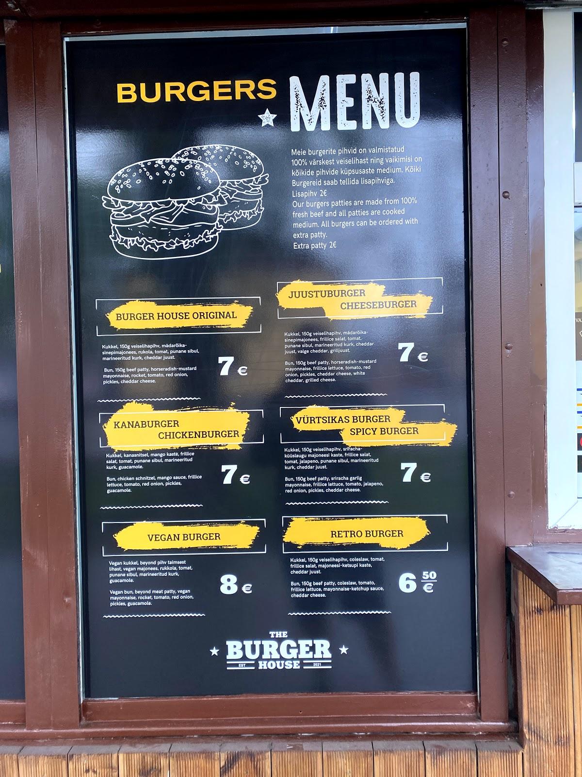 Menu at The Burger House restaurant, Tallinn
