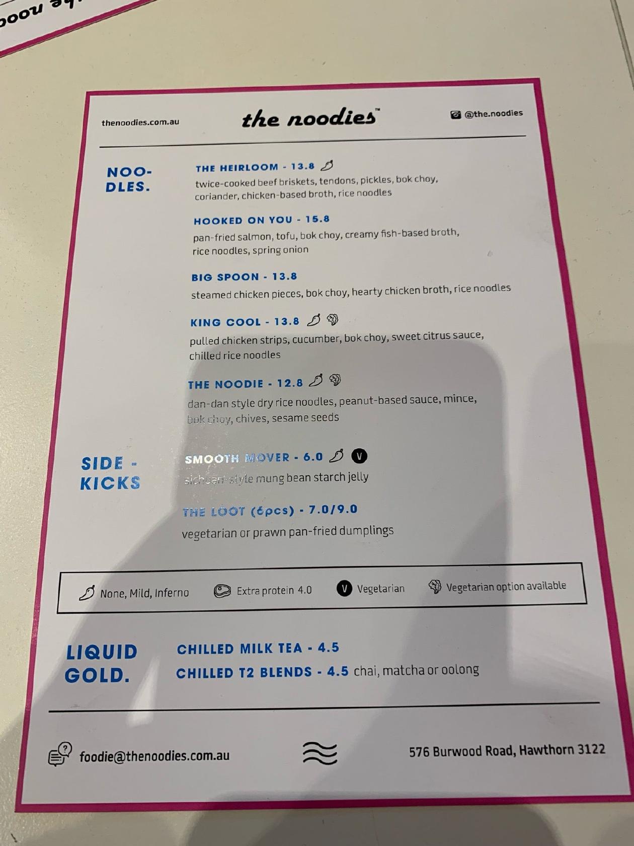 Menu at The Noodies restaurant, Hawthorn