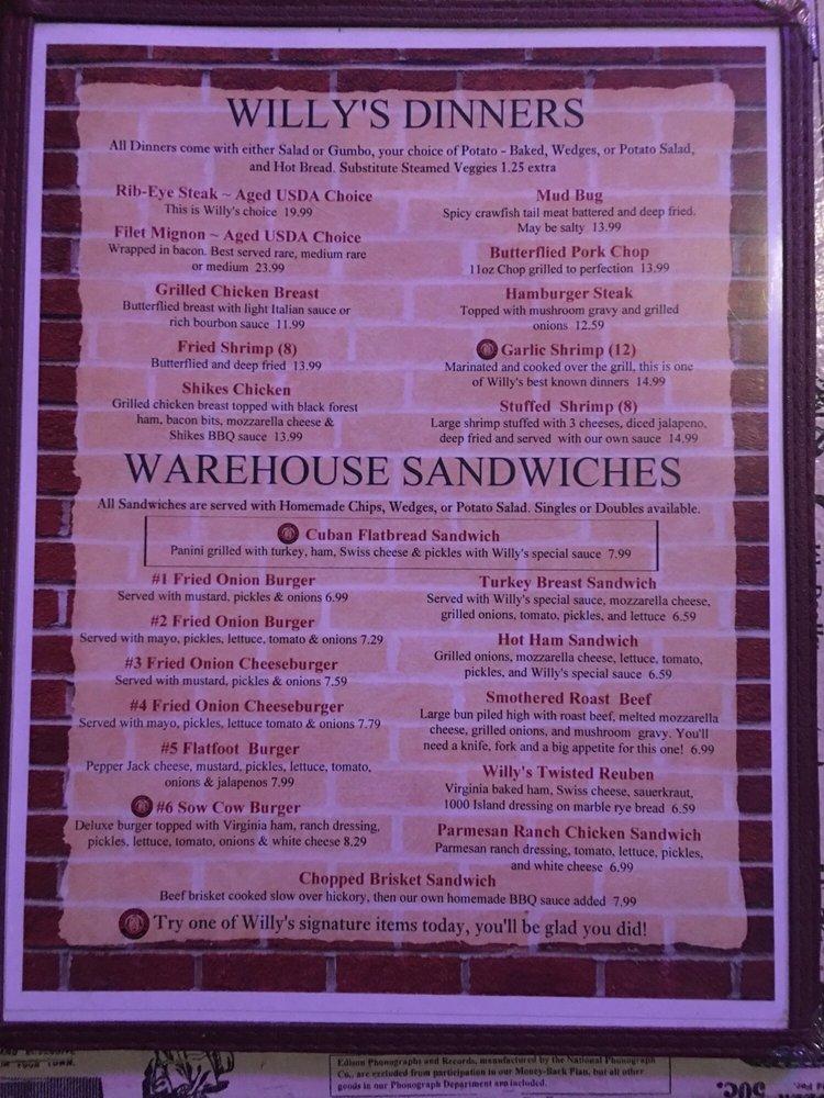 Menu at Warehouse Willy's steakhouse, Poteau
