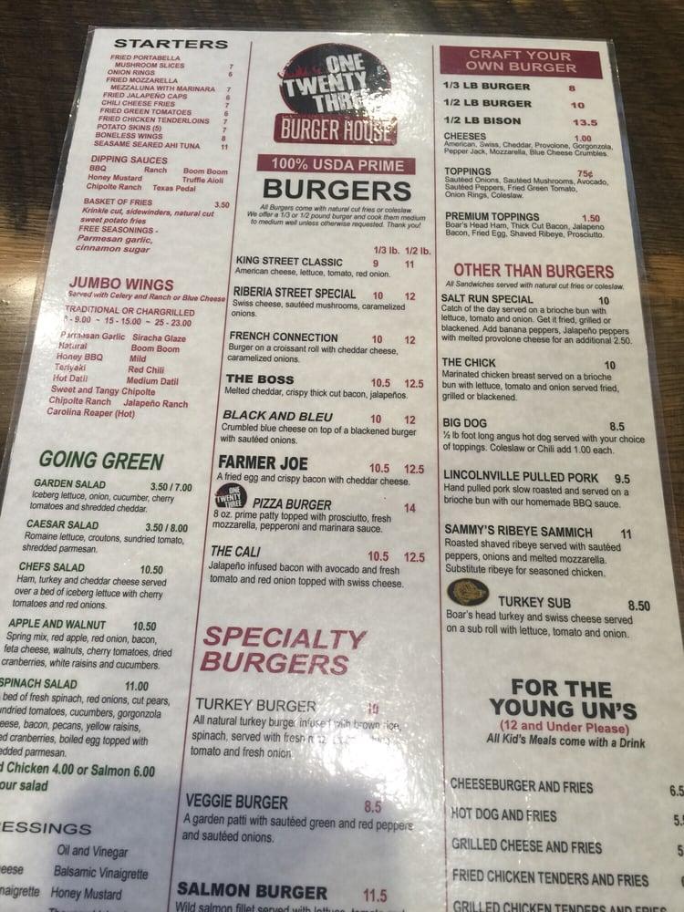 Menu at One Twenty Three Burger House restaurant, St. Augustine