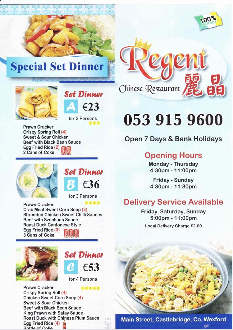 Menu at Regent Chinese Restaurant, Castlebridge, Main Street