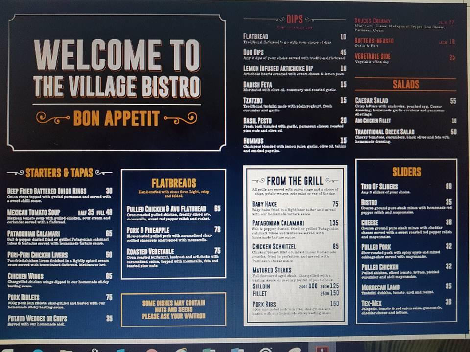 Menu at The Village Bistro restaurant, Paarl