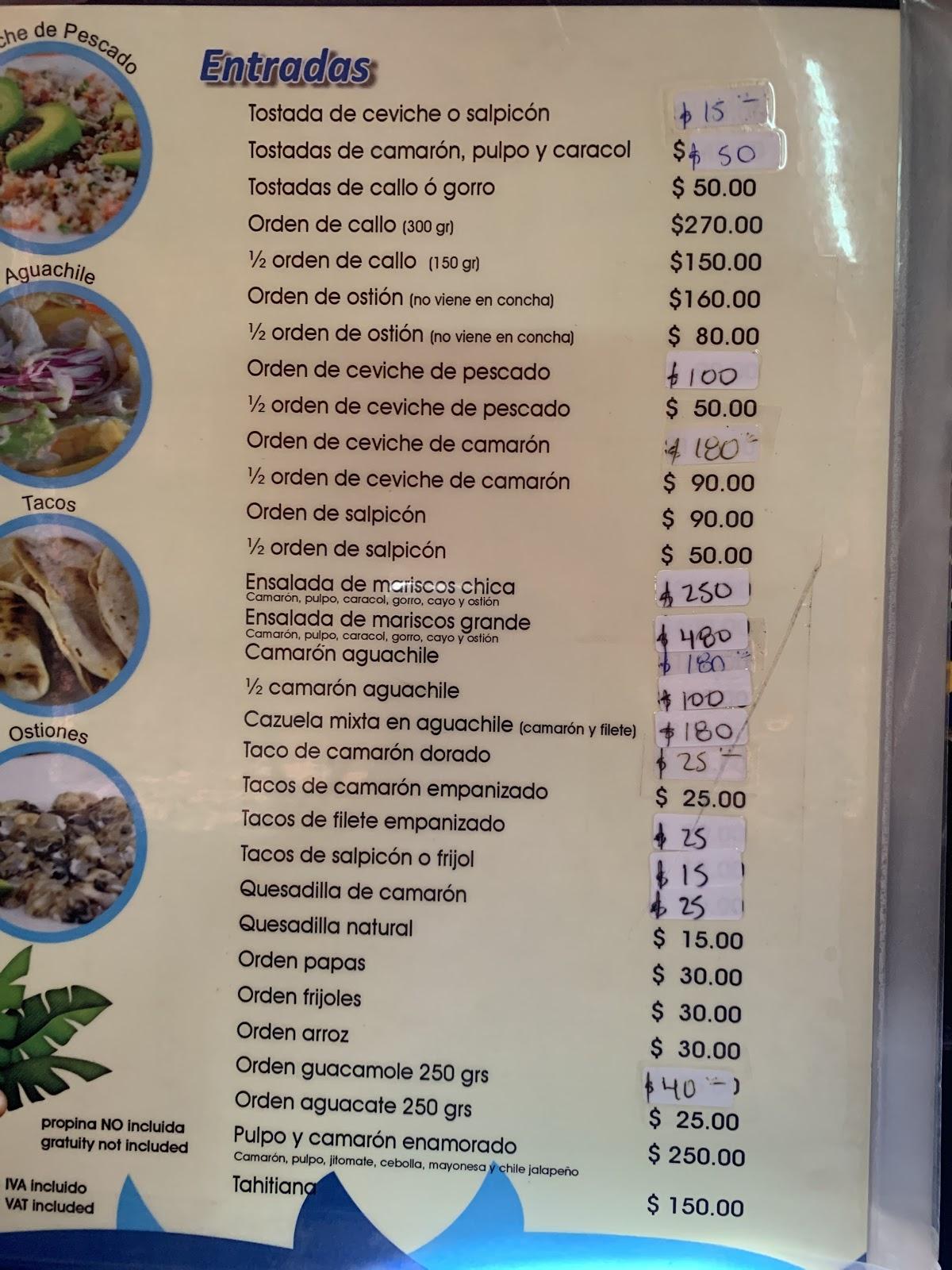 Carta del restaurante Mariscos Carlos, Manzanillo