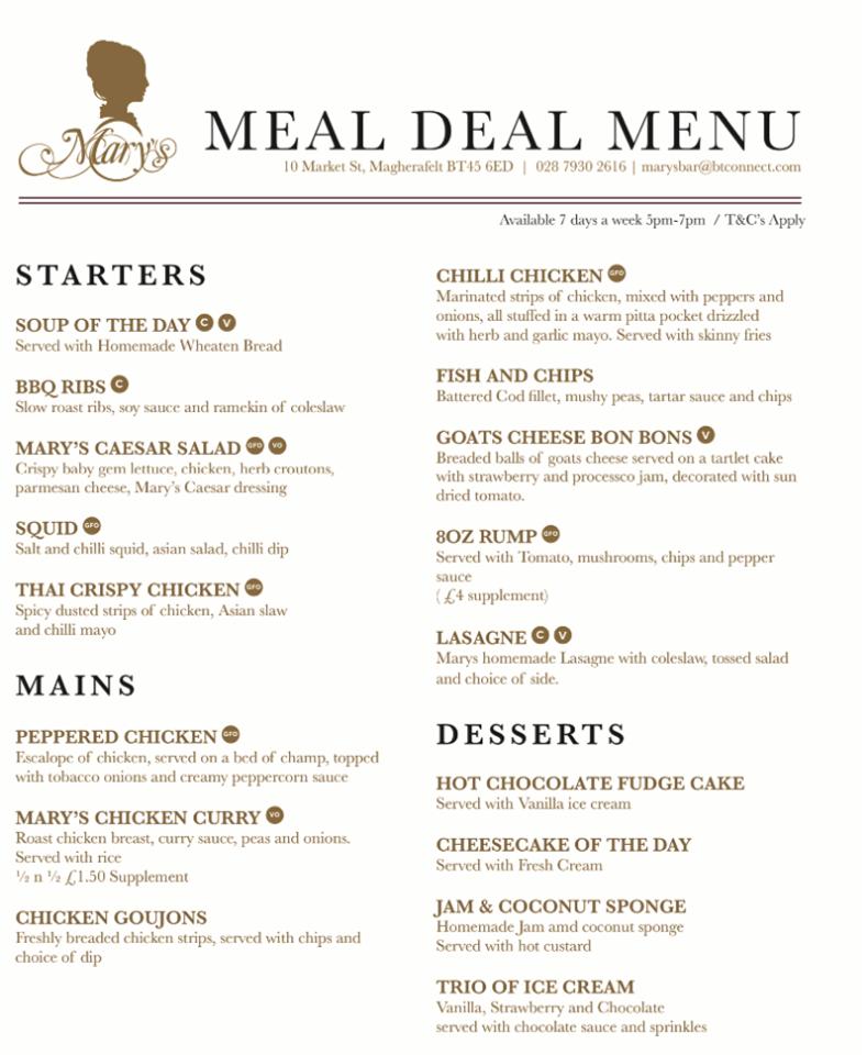 Menu at Mary's Bar, Magherafelt