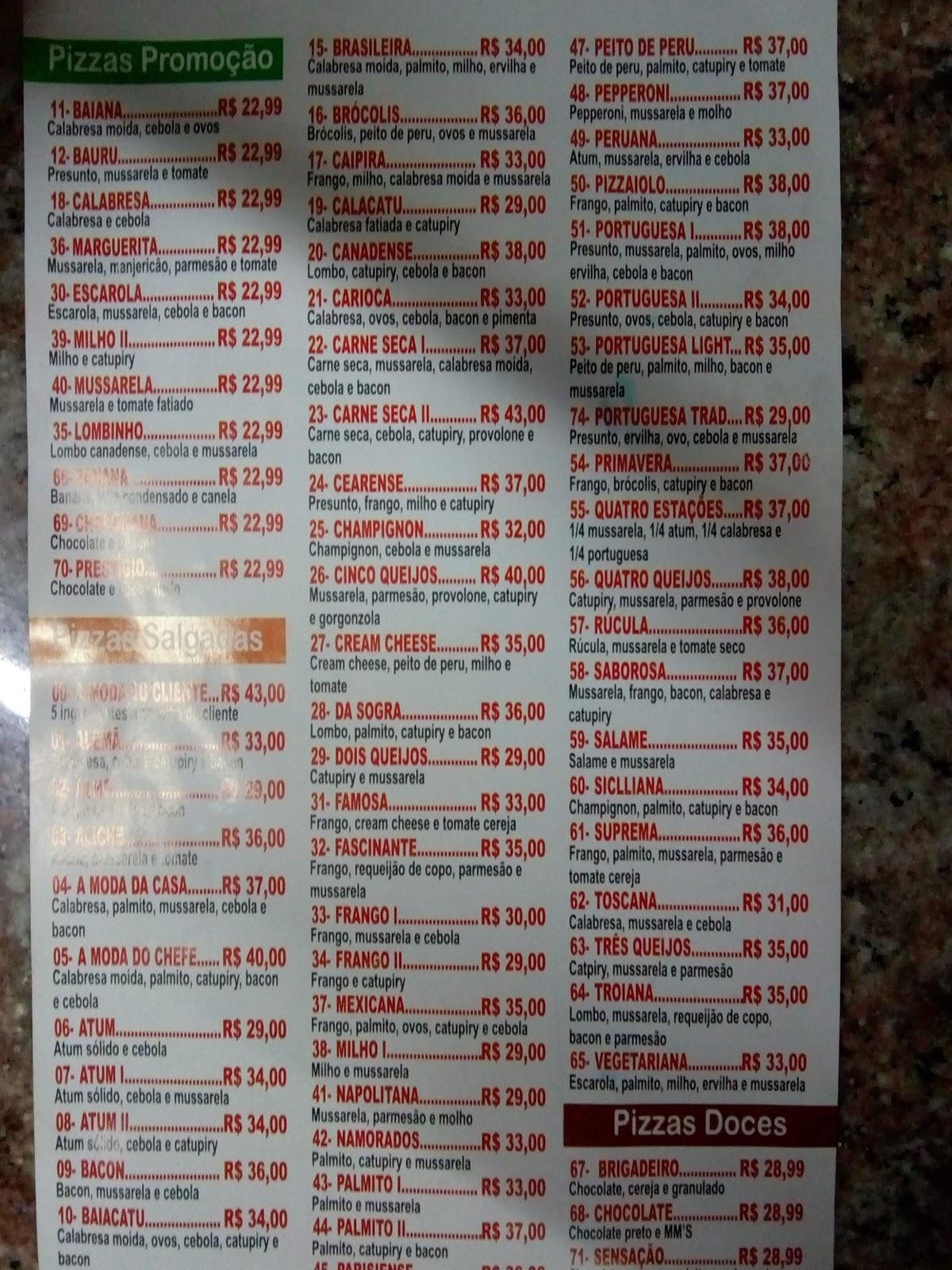 Menu em Pizzaria, Santo André